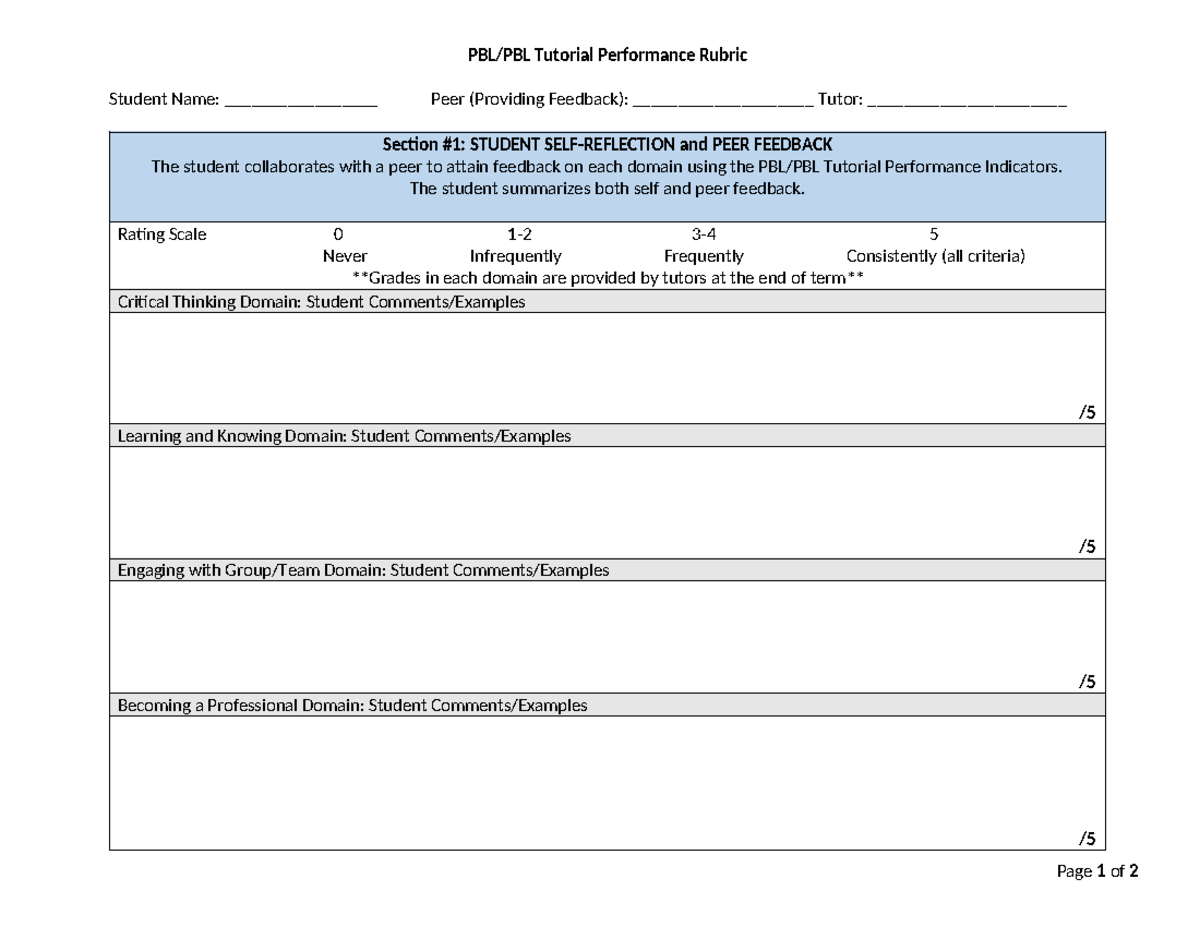PBL Rubric Midterm: Student & Peer Feedback Evaluation - Studocu