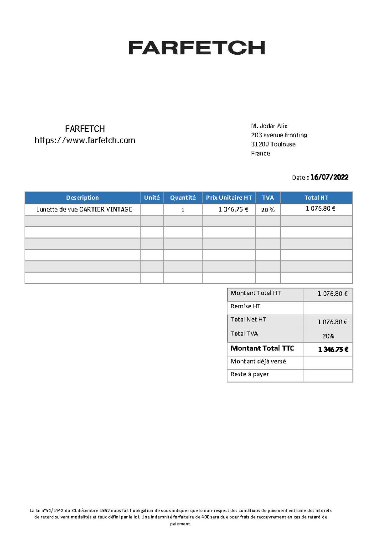 Farfetch Invoice: Cartier Vintage Eyewear Purchase Details - Studocu