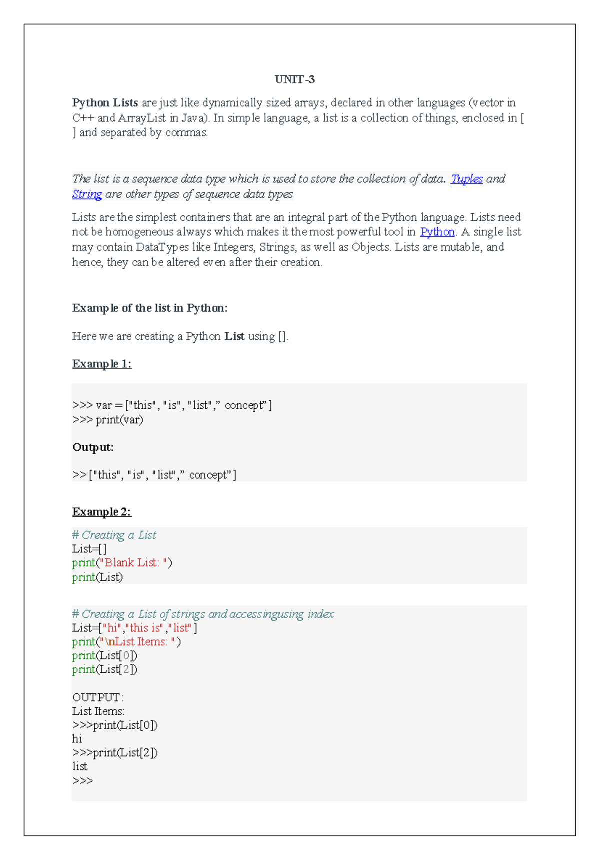 Python Unit 3: Understanding Lists, Methods, and File Handling - Studocu