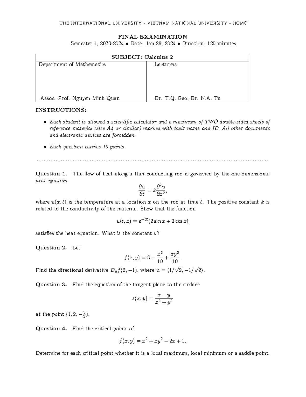 Calculus 2 Final Exam - International University VN - Jan 29, 2024 ...