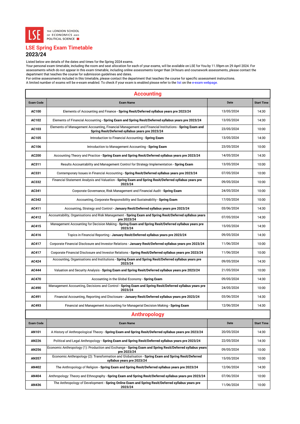 Spring 2024 Final Exam Timetable for Various Courses - Studocu