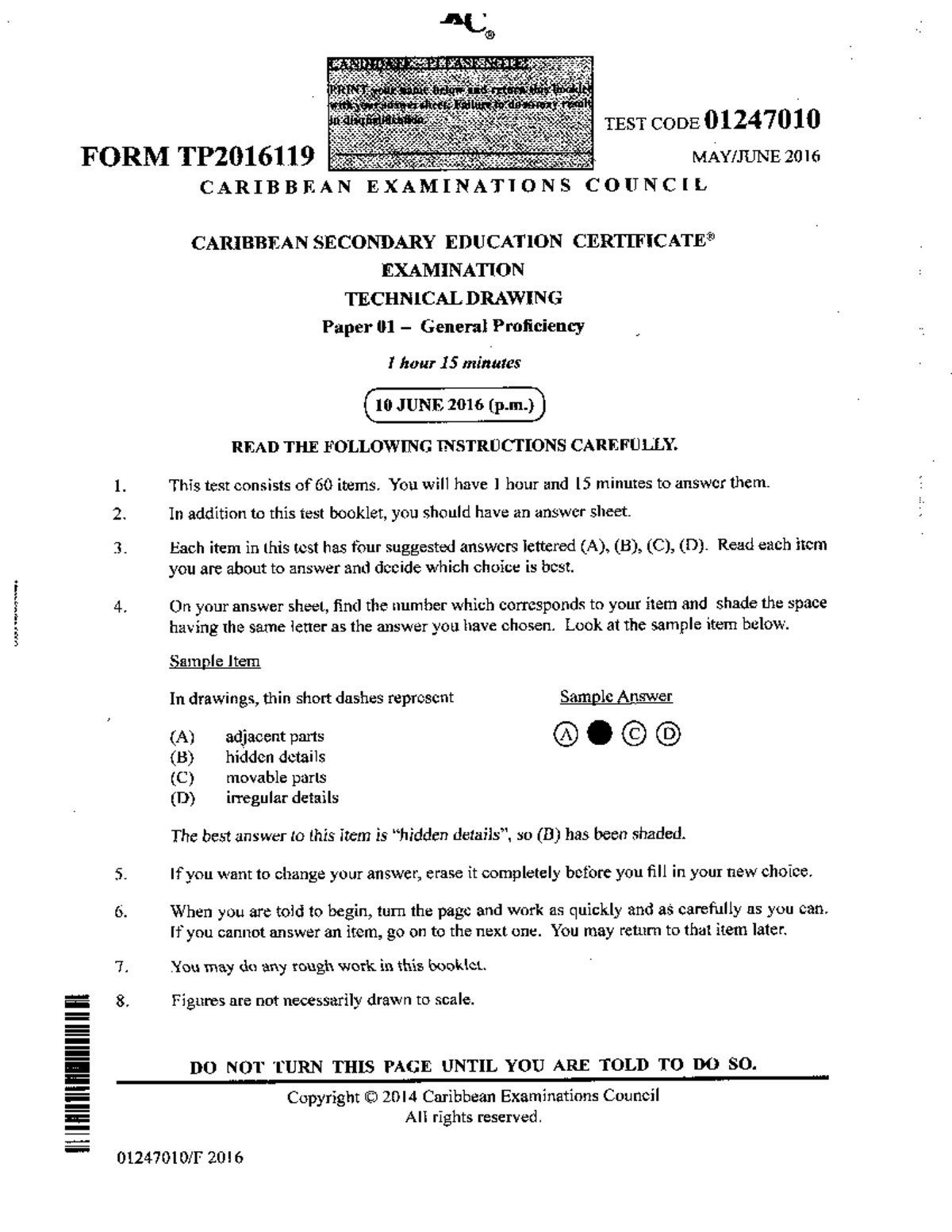 2016 OI247OIO Technical Drawing Exam Paper 1 Practice - Studocu