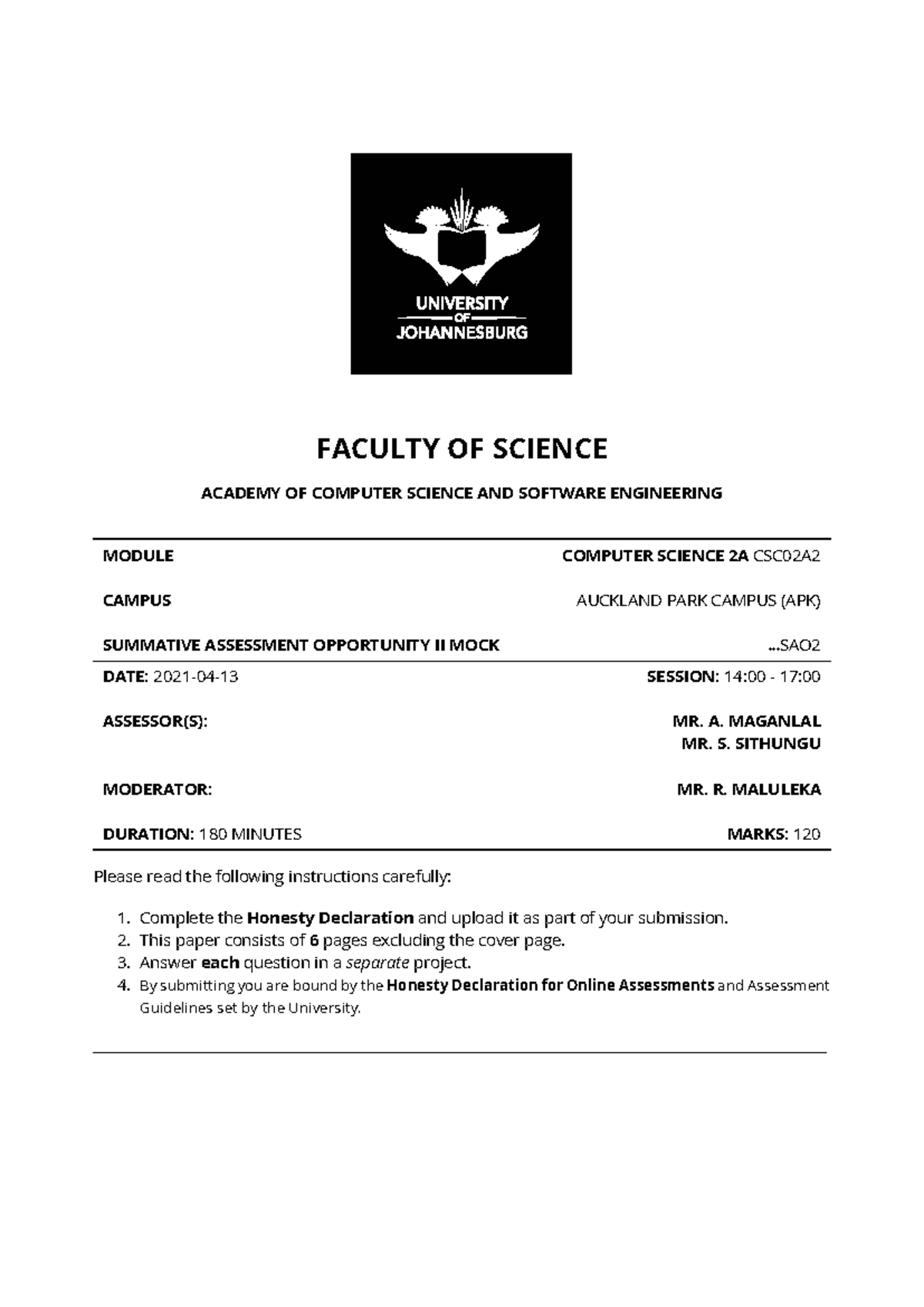Computer Science 2A CSC02A2 Summative Assessment II Mock Exam - Studocu