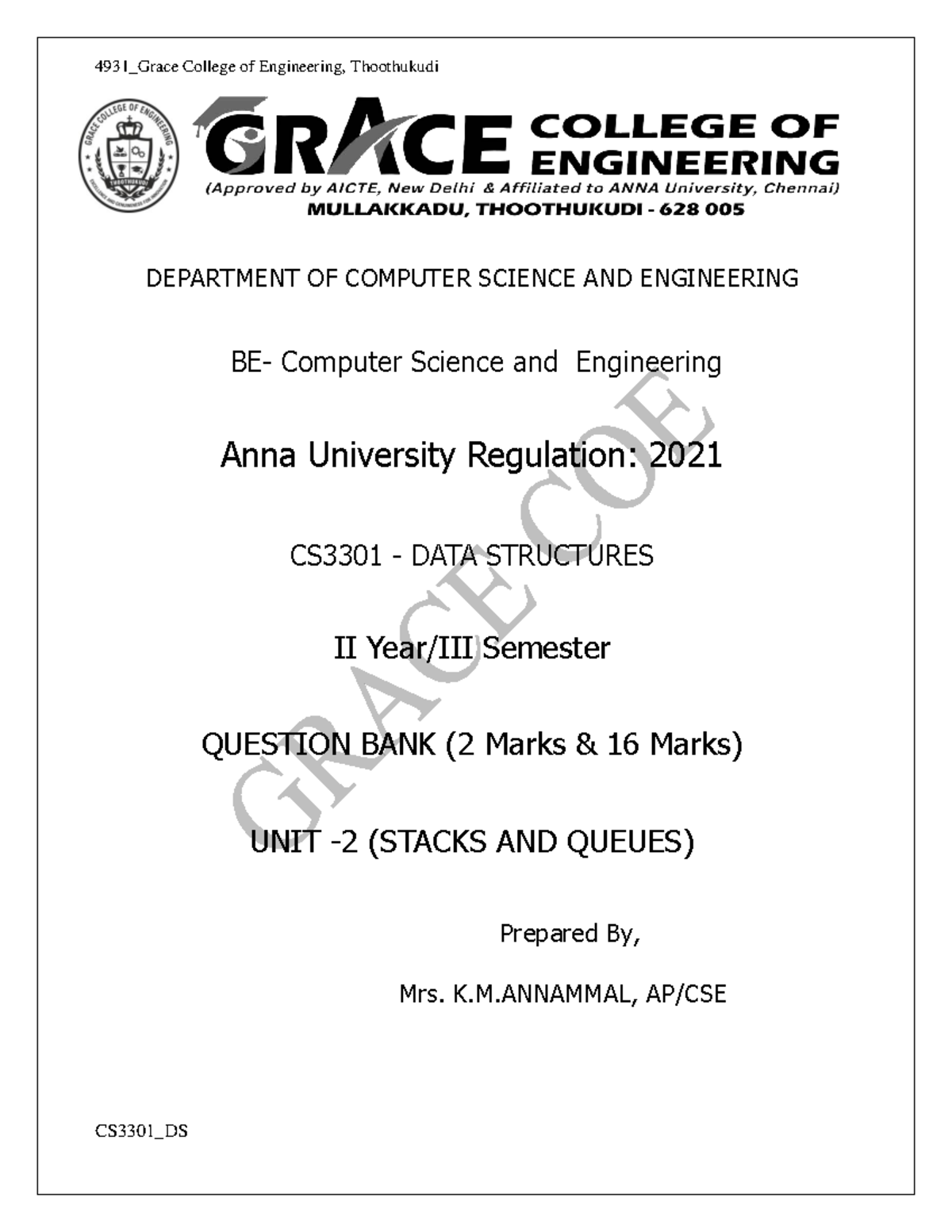 CS3301 Data Structures II Semester Question Bank - Unit 2 - Studocu