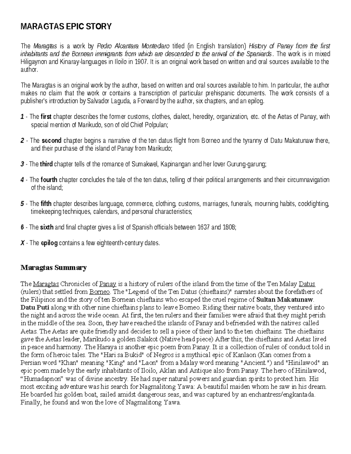 MARAGTAS EPIC STORY: A Historical Overview of Panay's Ten Datus - Studocu