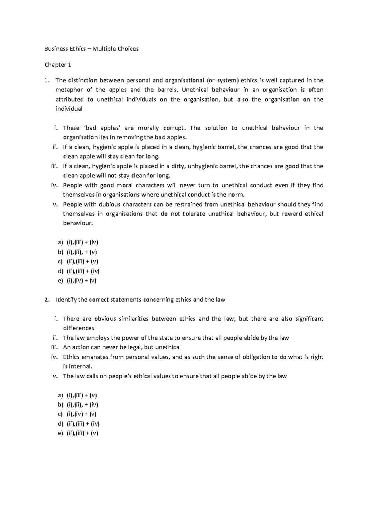 Business Ethic Multiple Choice chapter 1,2 - Business Ethics – Multiple ...