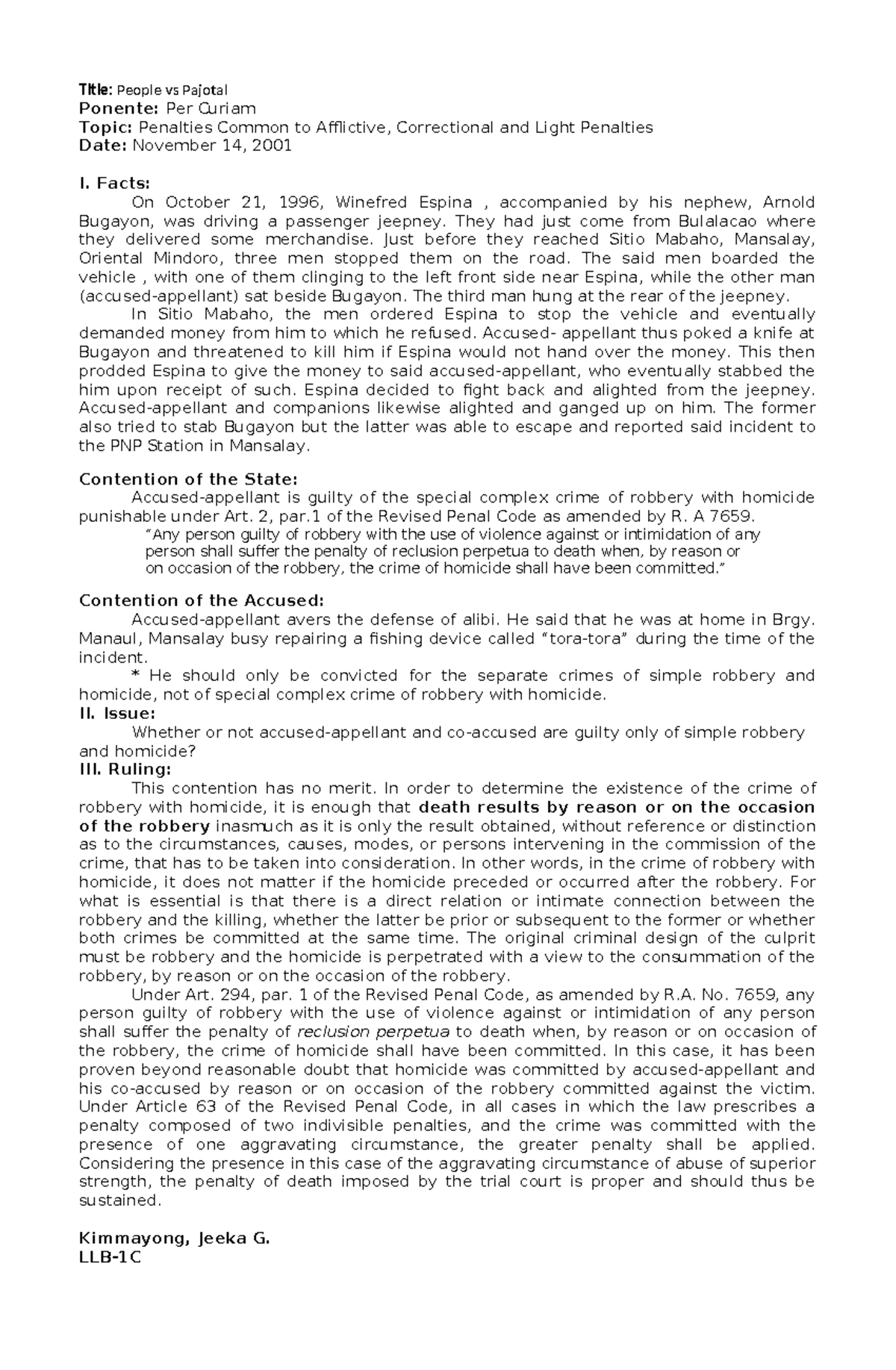 People vs Pajotal: Case Digest on Robbery with Homicide - Studocu