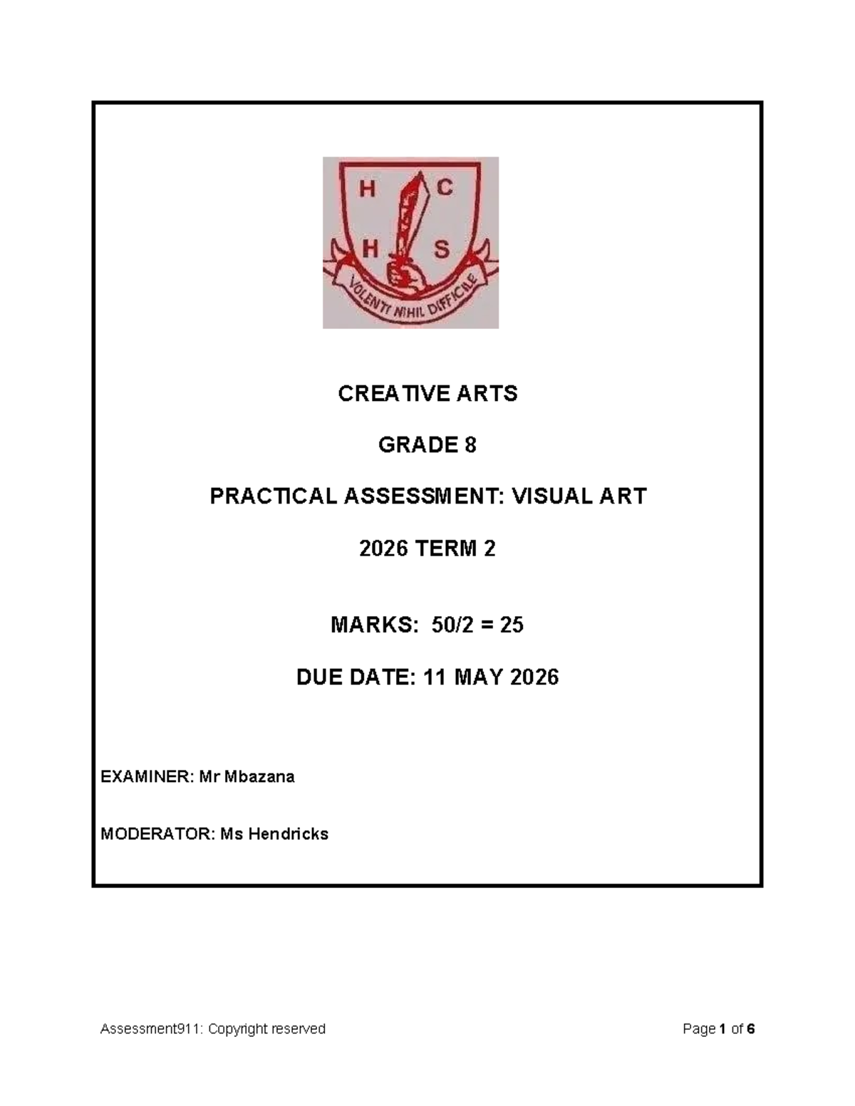 CREATIVE ARTS GRADE 8 TERM 2 VISUAL ART ASSESSMENT 2026 - Studocu