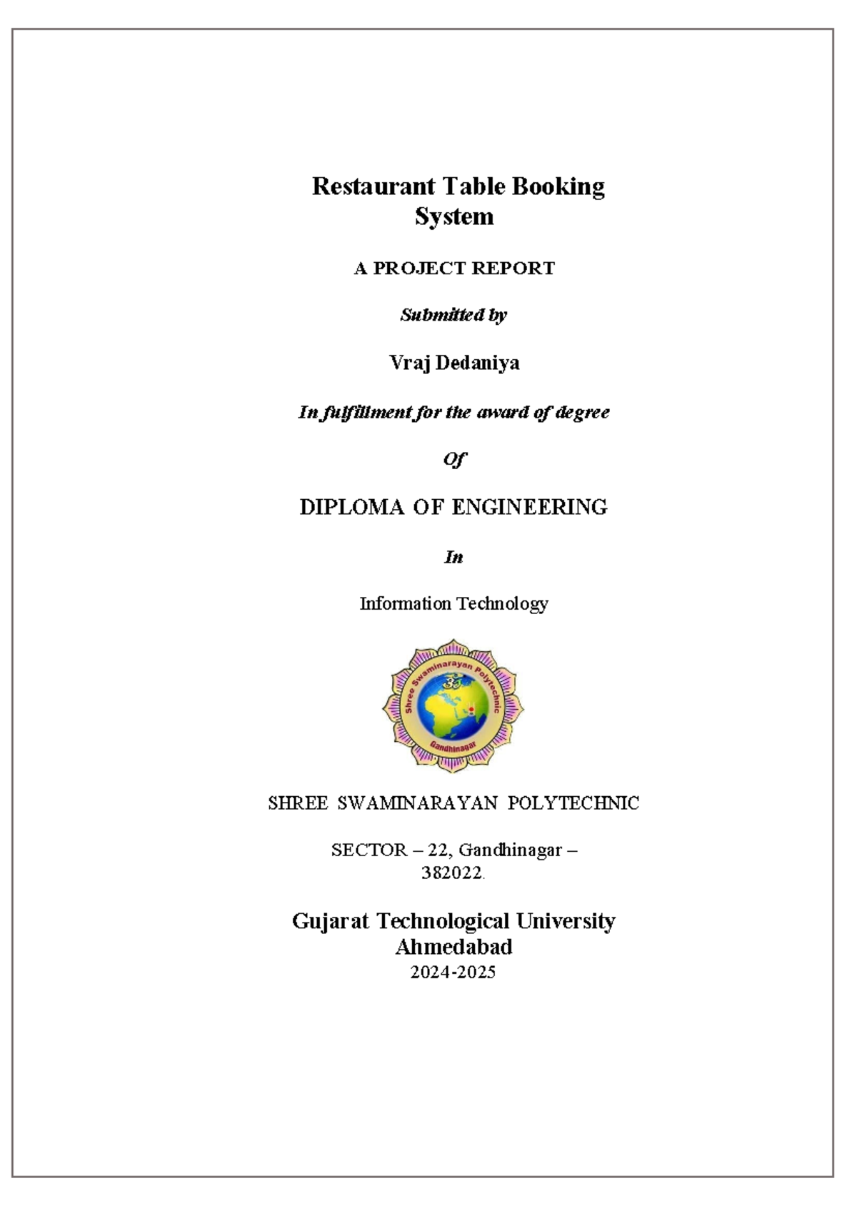 Vraj Final Project PDF - best - Restaurant Table Booking System A PROJECT REPORT Submitted by ...