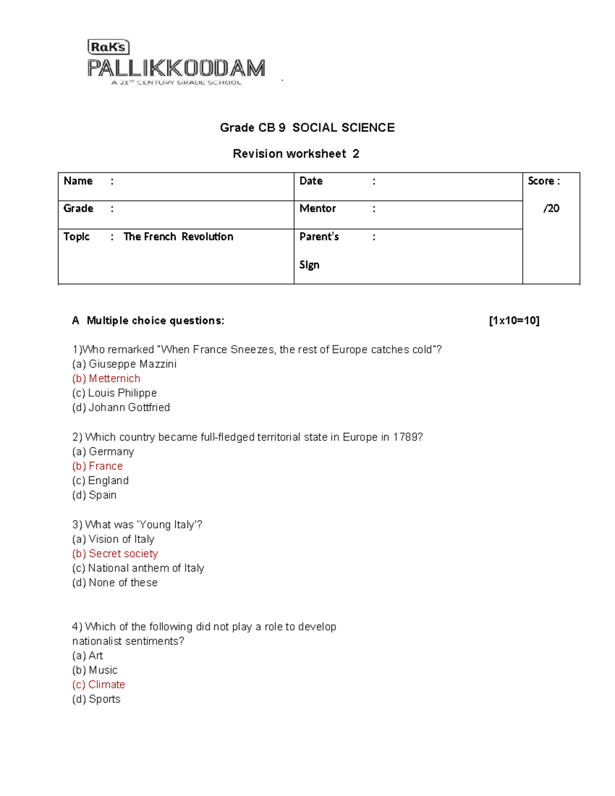 CB 9 SOCIAL SCIENCE French Revolution Revision Worksheet - Studocu