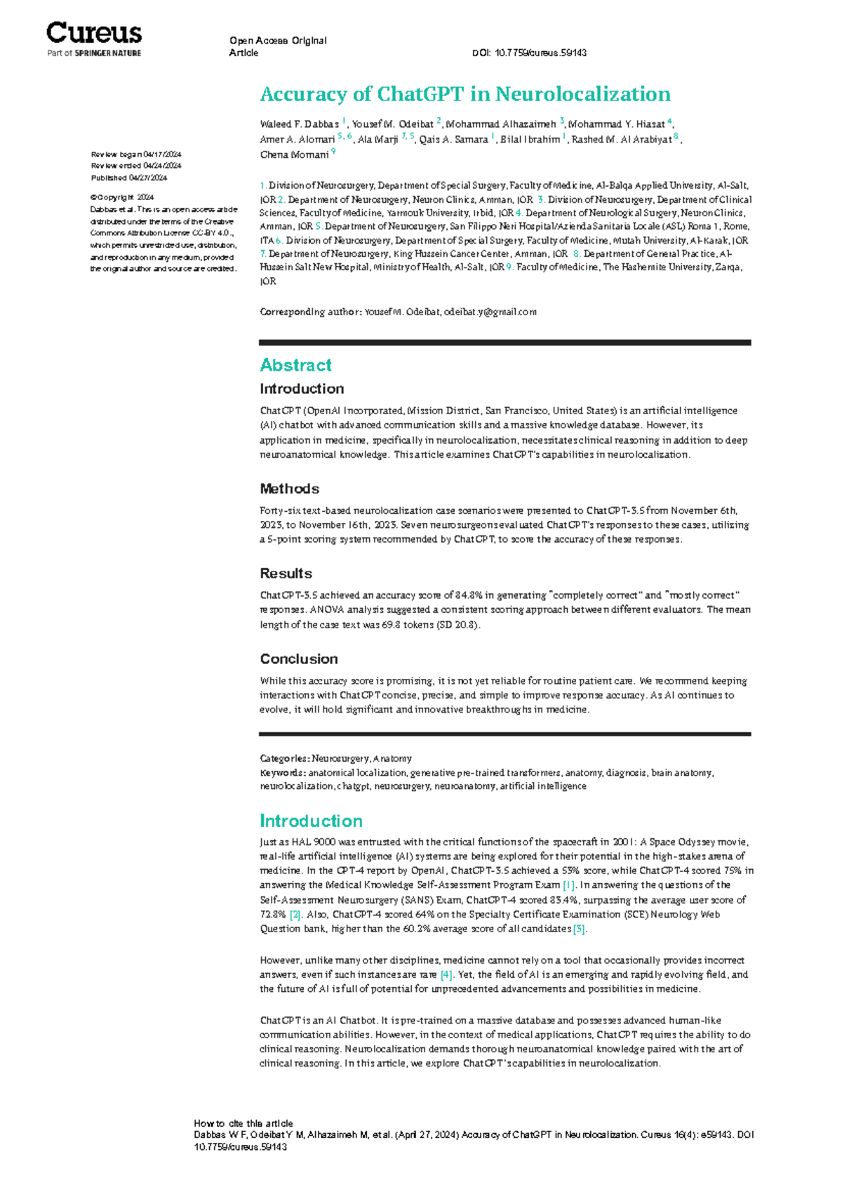Accuracy of Chat GPT in Neurolocalization - Review began 04/17/ Review ...