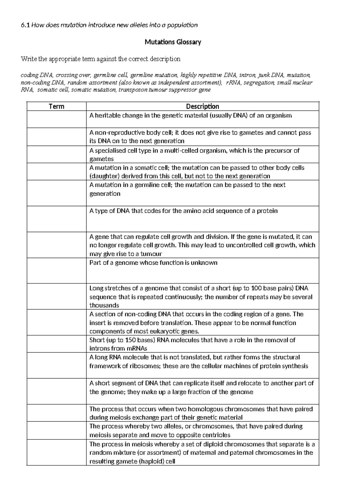 Mutations Glossary: Key Terms and Definitions for Genetics - Studocu