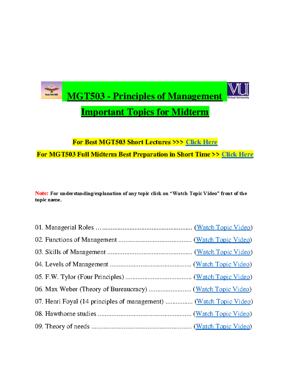MGT503 Midterm Study Guide: Key Topics for Quick Prep - Studocu