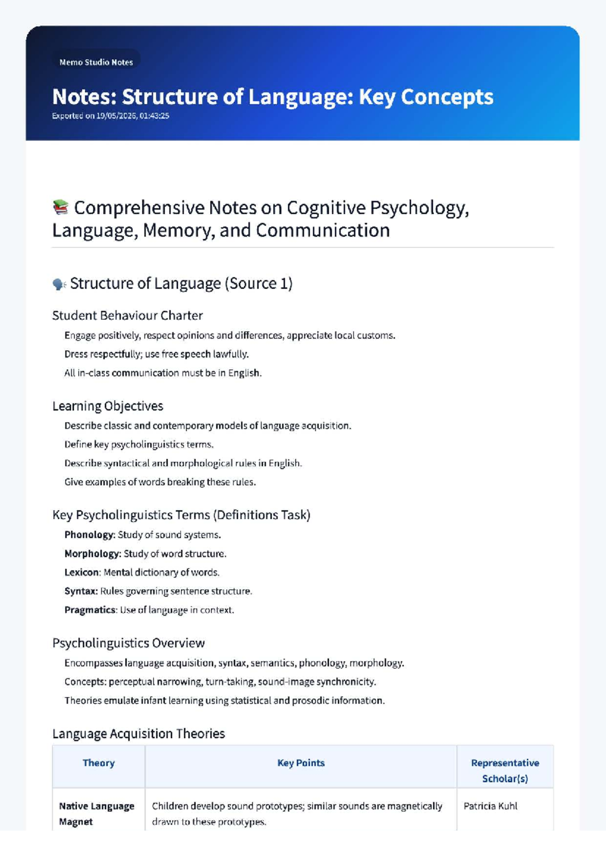 Cognitive Psychology (PSY 101): Key Concepts and Language Structure ...