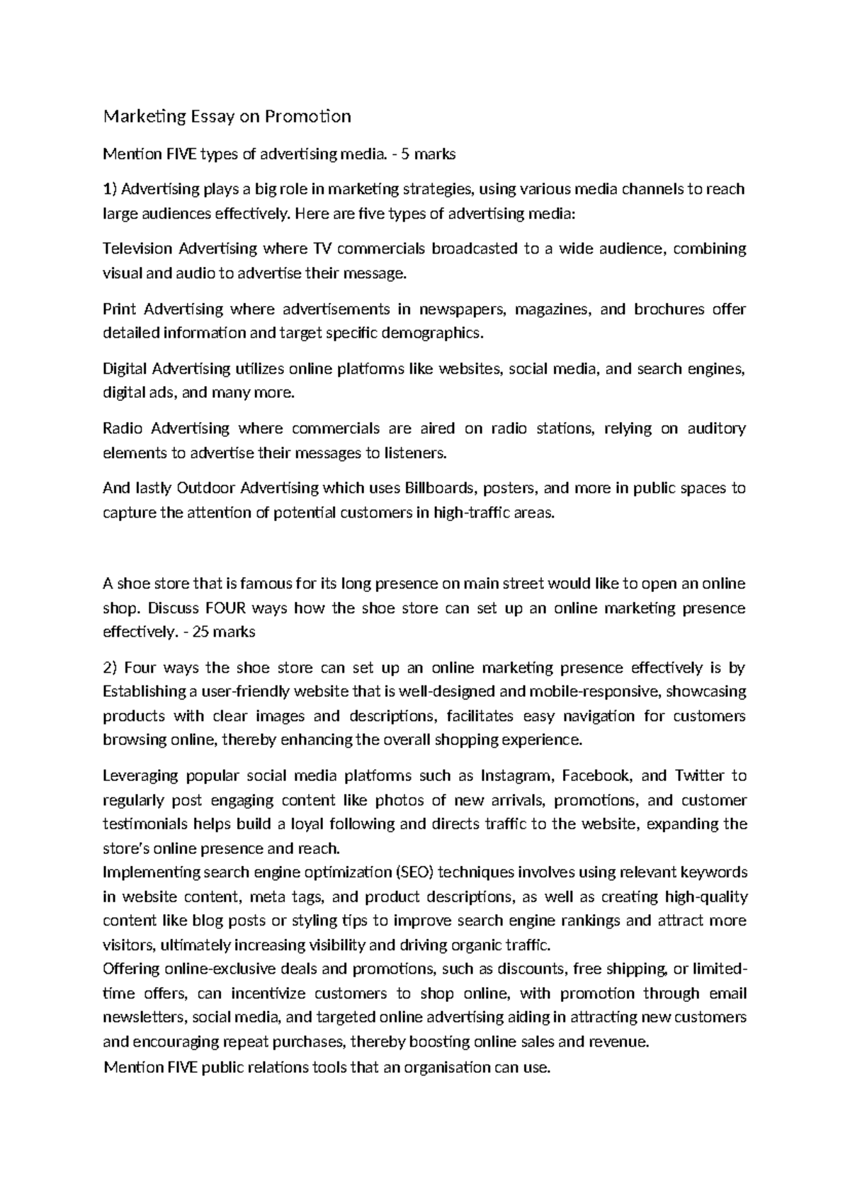 Marketing Promotion Past Paper Questions & Answers (Essay Notes) - Studocu