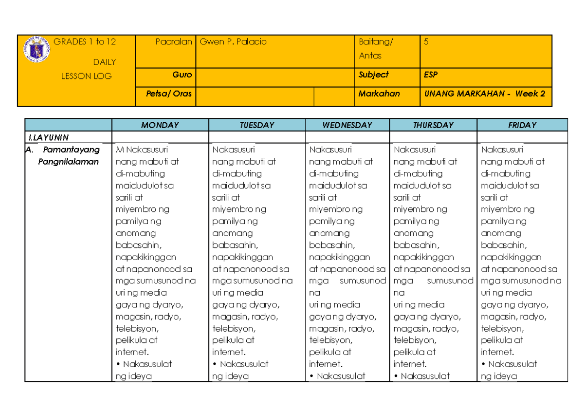DLL5 WEEK 2 ESP - LESSON PLAN - GRADES 1 to 12 DAILY LESSON LOG ...