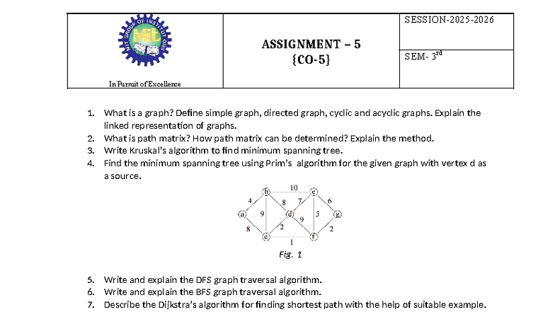 CS101 Assignment 5: Graph Theory Concepts and Algorithms - Studocu