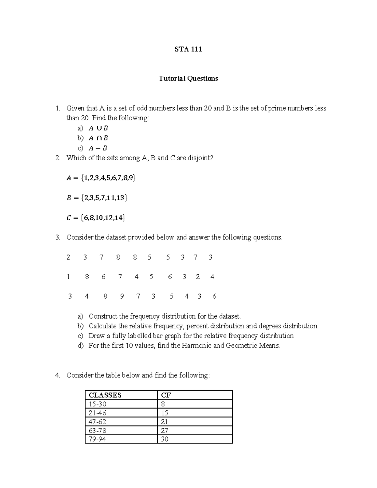 STA 111 Tutorial Questions on Sets and Data Analysis - Studocu