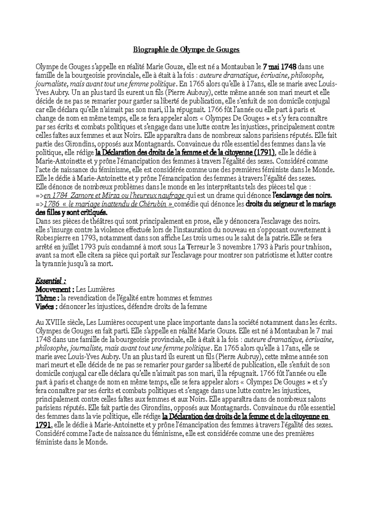 Olympe de Gouges : Biographie et Engagements Sociaux pour Bac Français ...