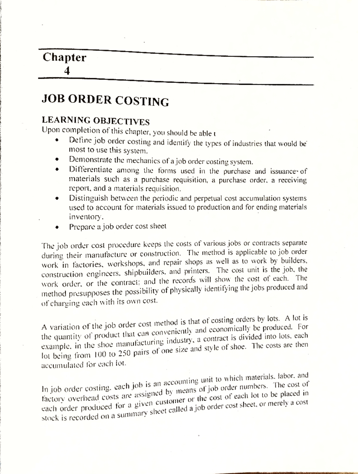 Cost Accounting and Control - Chapter 4 - Chapter 4 JOB ORDER COSTING LEARNING OBJECTIVES Upon ...
