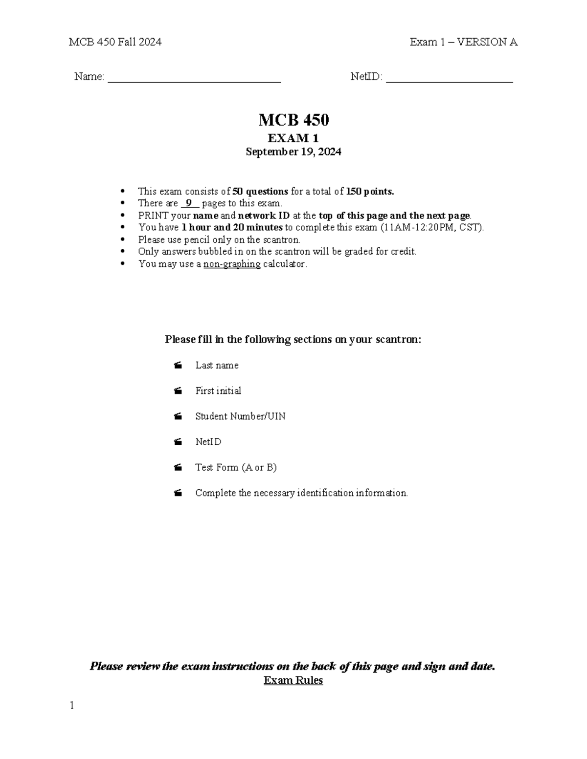 MCB 450 Exam 1 Fall 2024 Version A Answer Key and Instructions - Studocu