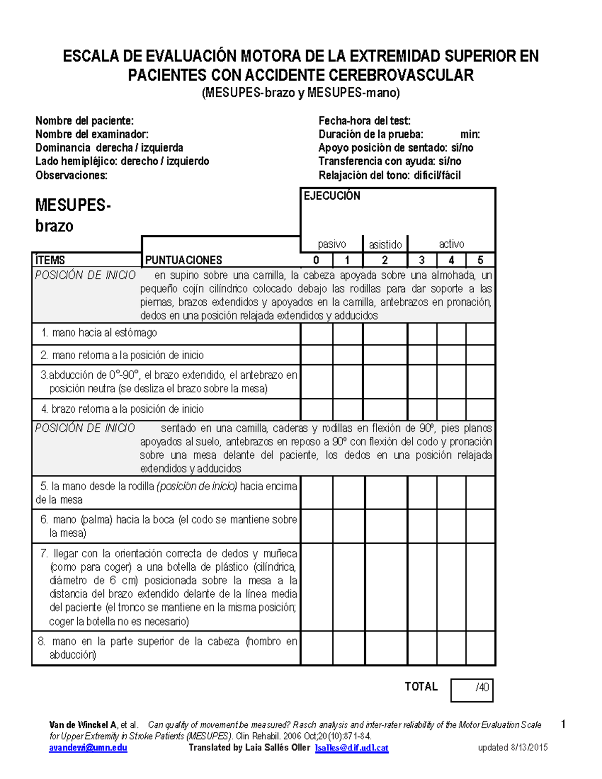 Escala de Evaluación Motora de la Extremidad Superior en ACV (MESUPES ...