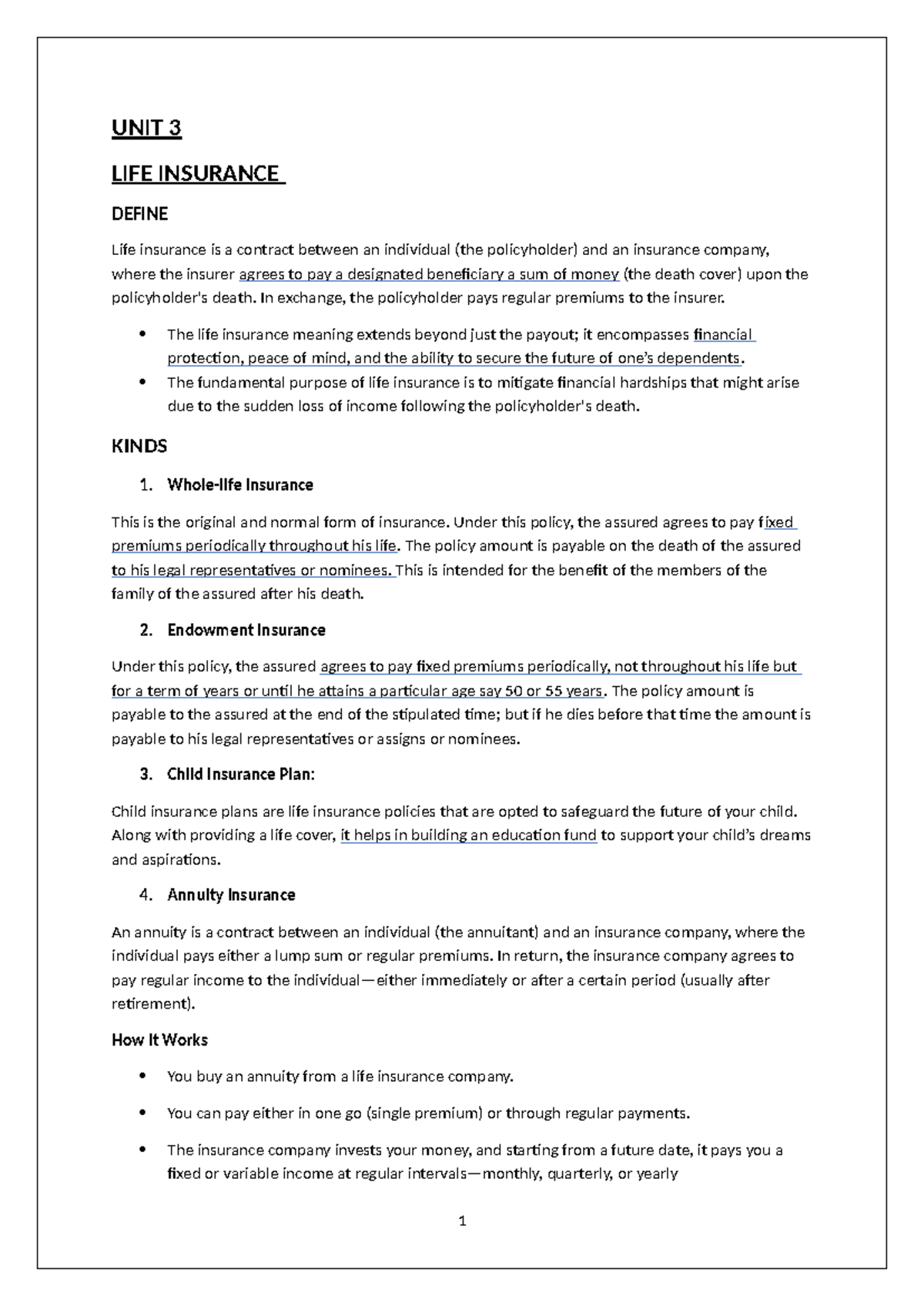 UNIT 3 - Life Insurance: Definitions, Types, and Claims - Studocu