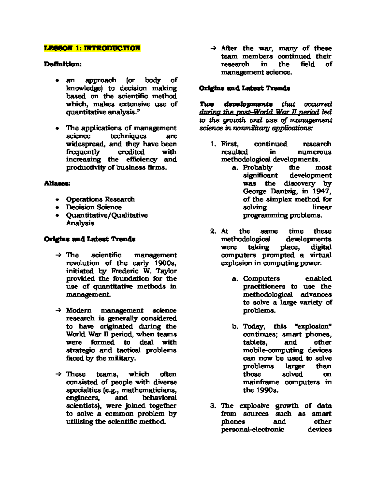 Mansci Notes - LESSON 1: INTRODUCTION Definition: an approach (or body ...