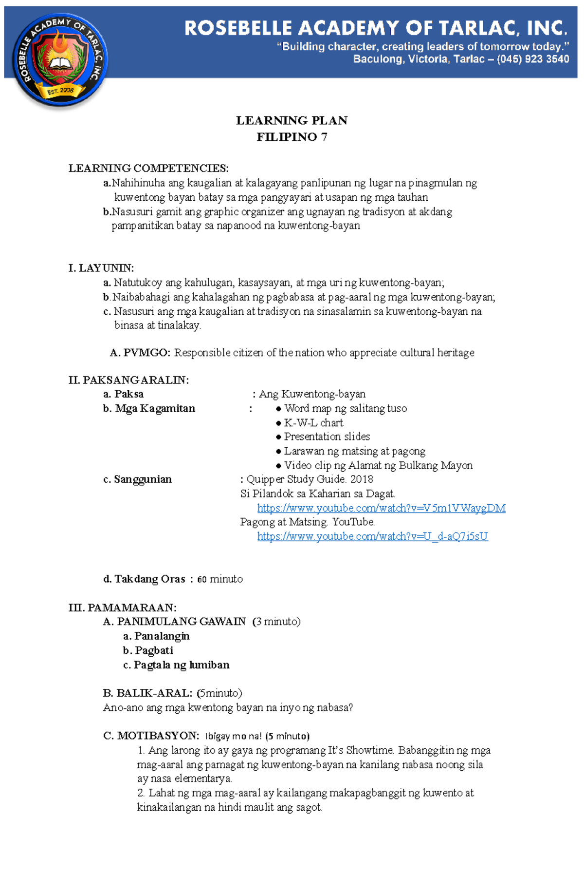 LP 1ST Quarter 1 4day - filipino grade 7 - LEARNING PLAN FILIPINO 7 ...
