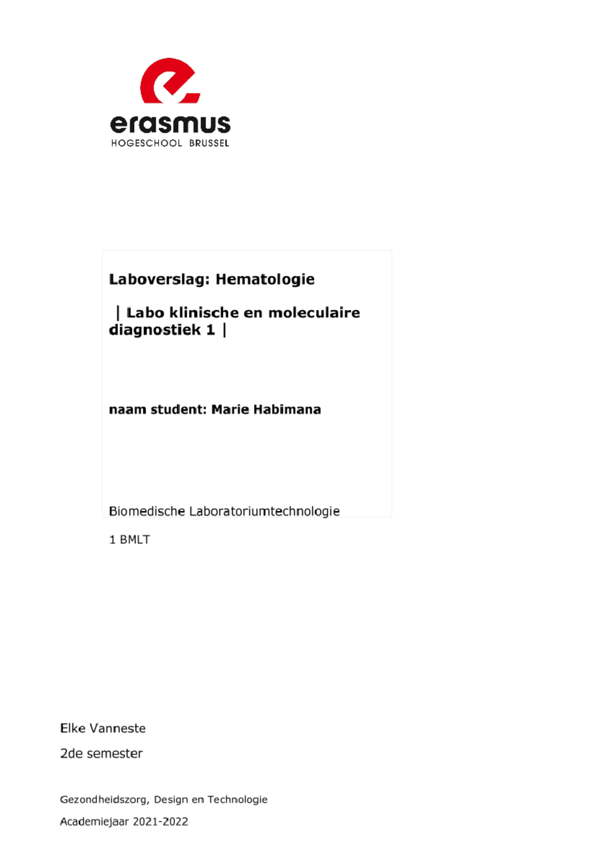 Laboverslag - Lab klin en mol diag - Hematologie -1 BMLT ...