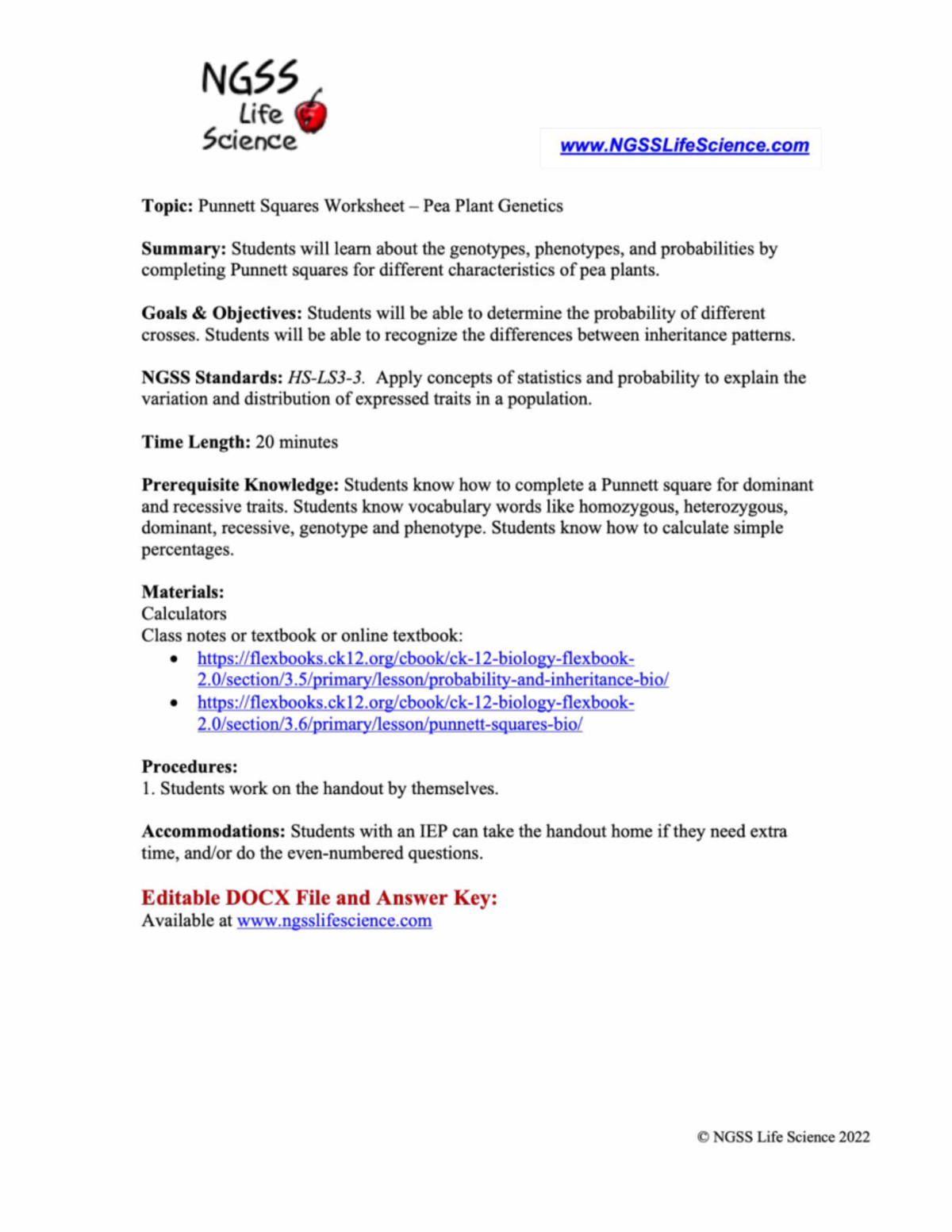 NGSS Life Science 2022: Punnett Squares Worksheet on Pea Plant Genetics ...