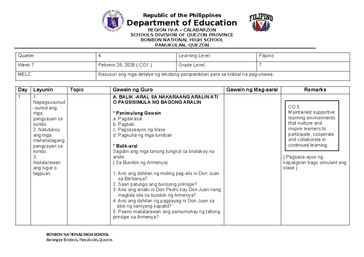 COT 1 - Lesson Plan for Grade 7 Filipino Week 7 (Pebrero 2026) - Studocu