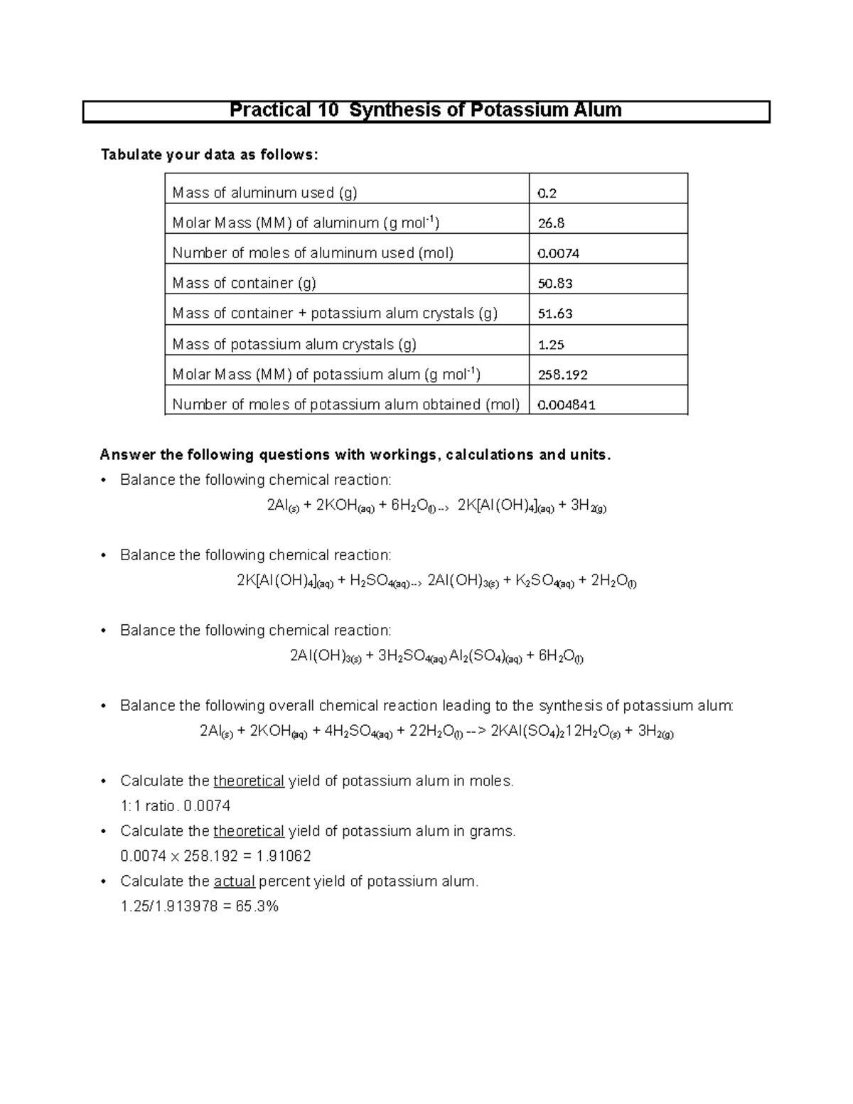 Practical 10 - Synthesis and Analysis of Potassium Alum Experiment ...