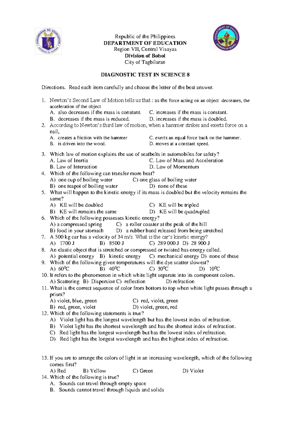 Pdfcoffee - Diagnostic test in science 8 - Republic of the Philippines ...