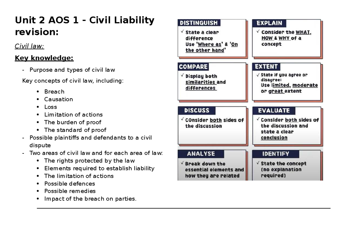 Unit 2 AOS 1 Civil Liability Revision: Key Concepts & Legal Summary ...