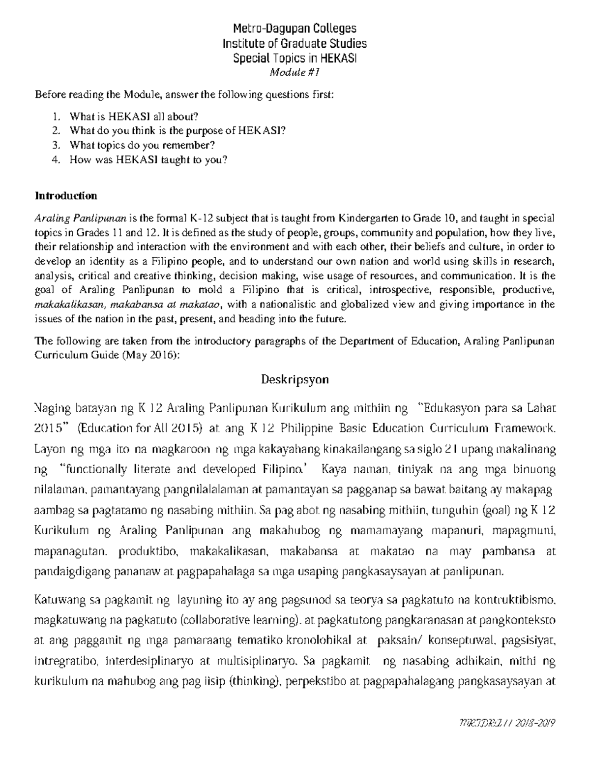 Special Topics in HEKASI: Module 1 Overview and Activities - Studocu