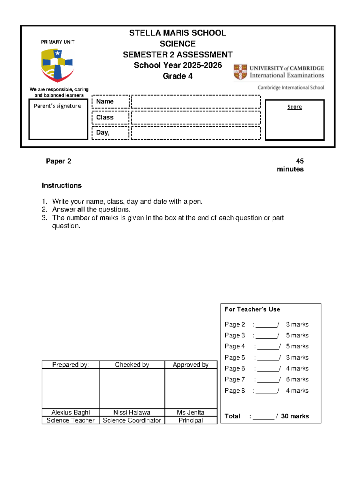 STELLA MARIS SCHOOL GRADE 4 SCIENCE SEM 2 ASSESSMENT PAPER 2 - Studocu