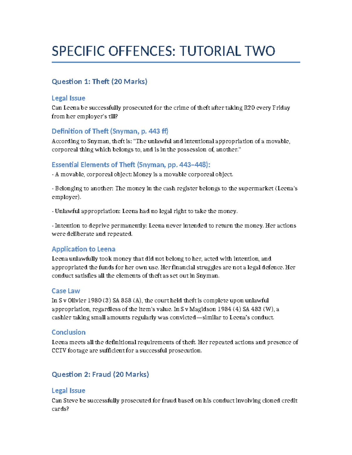 SPECIFIC OFFENCES: TUTORIAL TWO - Theft & Fraud Analysis (20 Marks Each ...