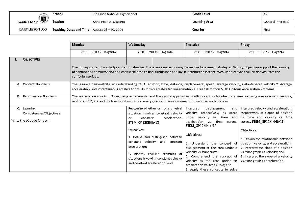 Genphy 1 Dlpweek 5 - General Physics 1 Lesson Plan for Grade 12 - Studocu