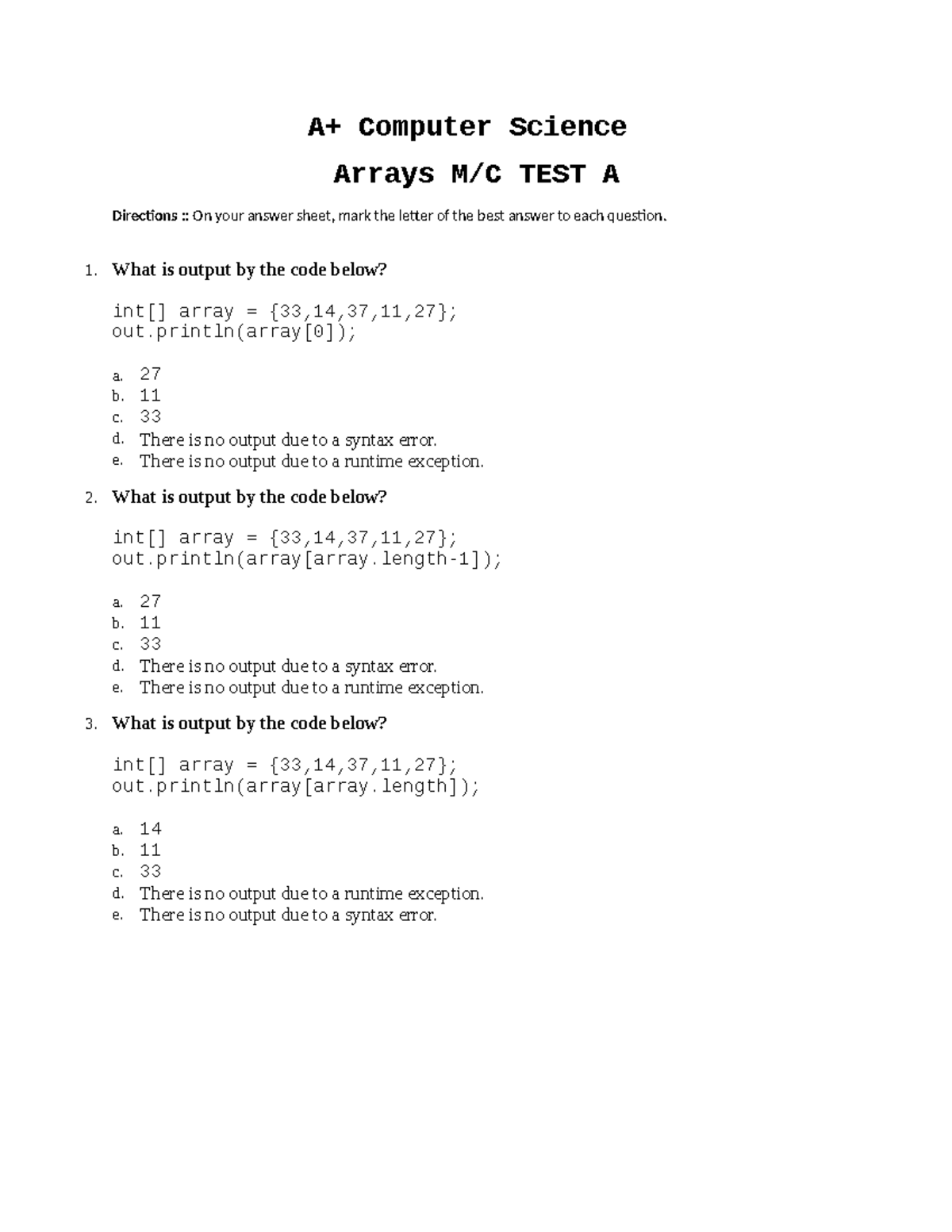 Arrays M/C TEST A - FILE 9852 Study Guide - Studocu