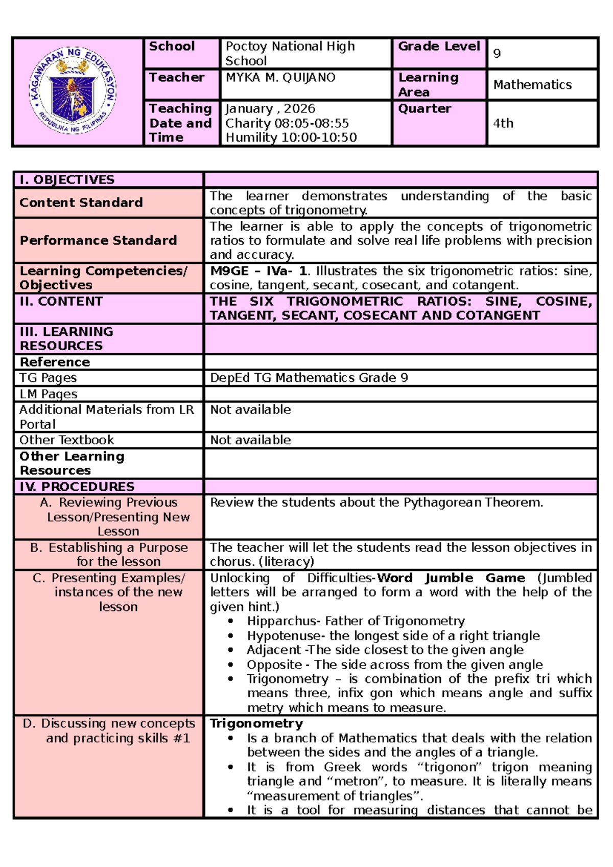 4th Quarter DLL for Grade 9 Mathematics: Trigonometric Ratios and Concepts - Studocu