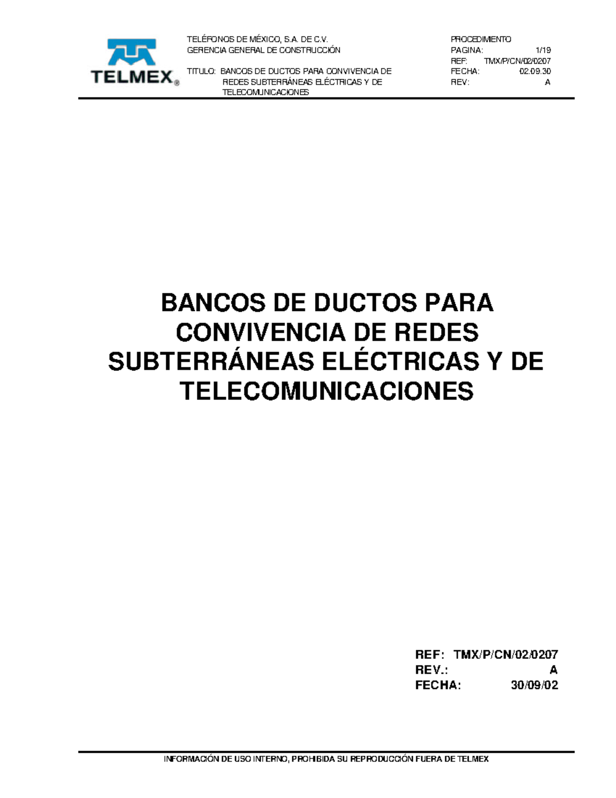 Bancos de Ductos para Convivencia de Redes Subterráneas TMX/P/CN/02 ...