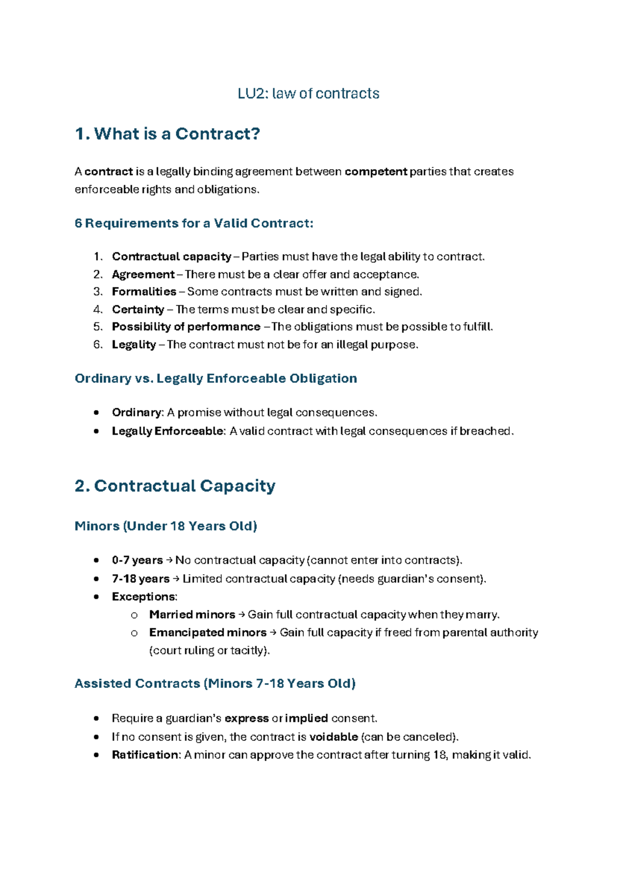 LU2 law of contracts - focuses on contractual capacity, valid ...