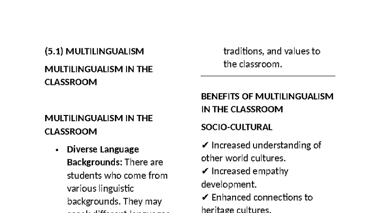 (5.1) Multilingualism in the Classroom: Benefits & Strategies - Studocu