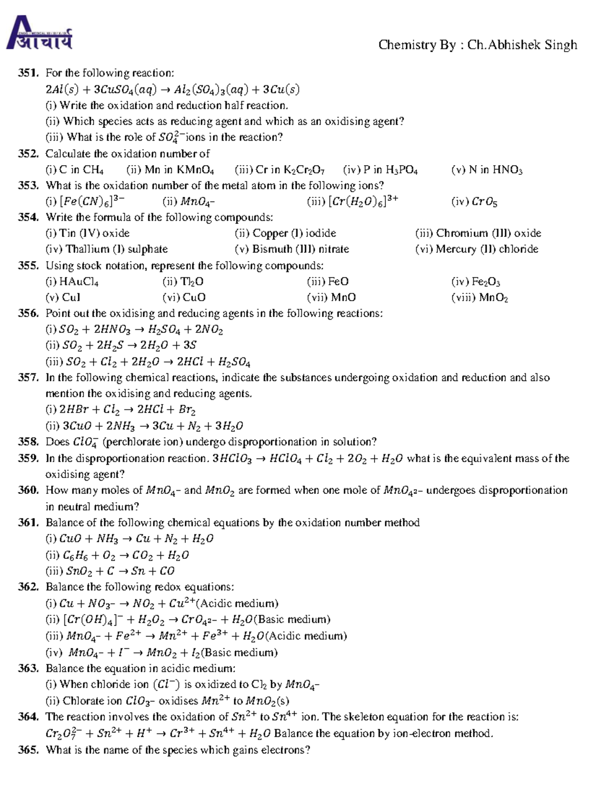 Chemistry 351: Redox Reactions and Oxidation Numbers - Studocu