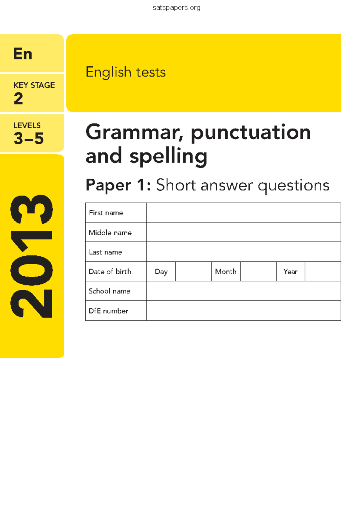 2013 KS2 English Grammar, Punctuation & Spelling Paper 1: Short Answers ...