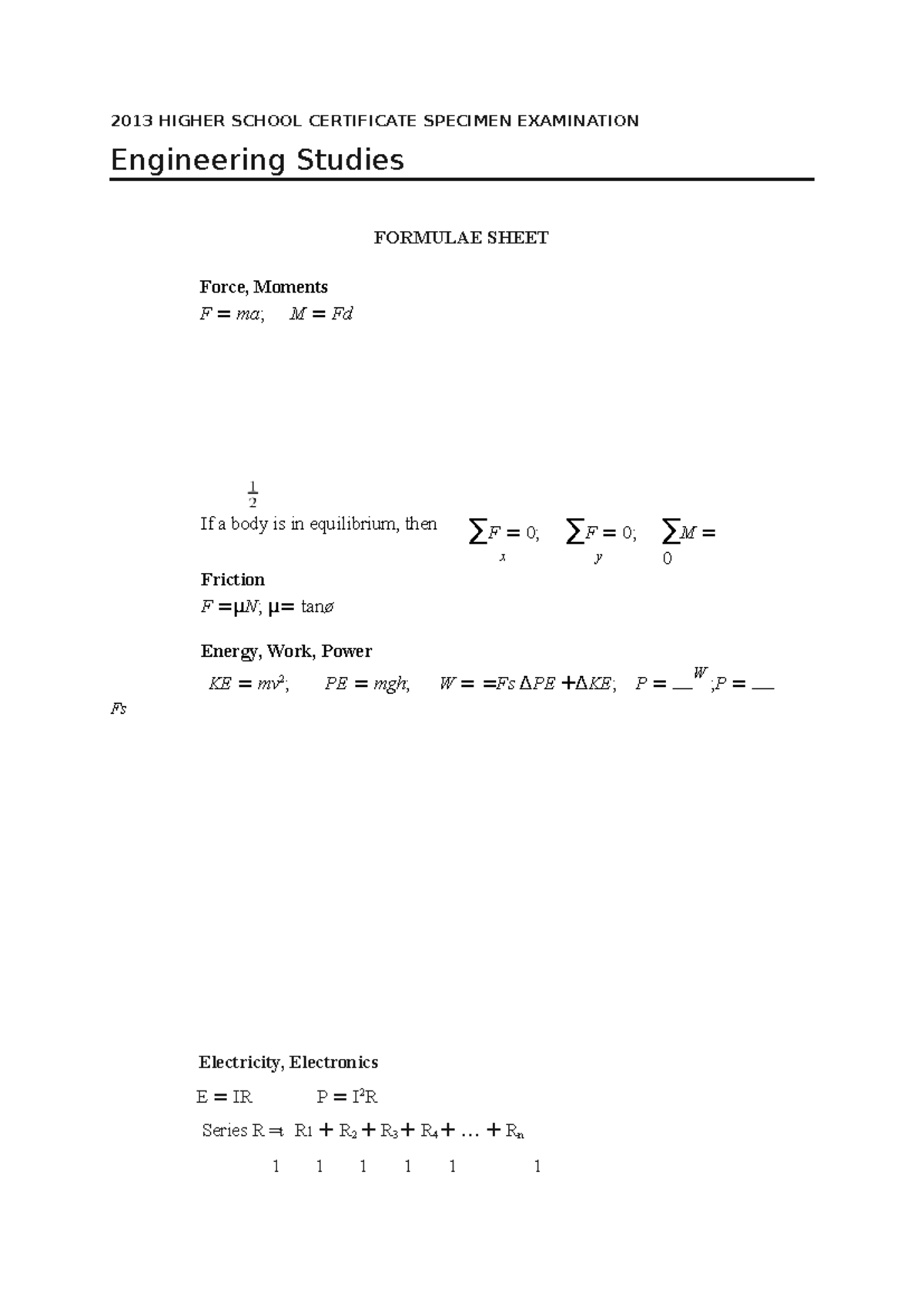 HSC Engineering Studies Formula Sheet: Key Concepts & Equations - Studocu