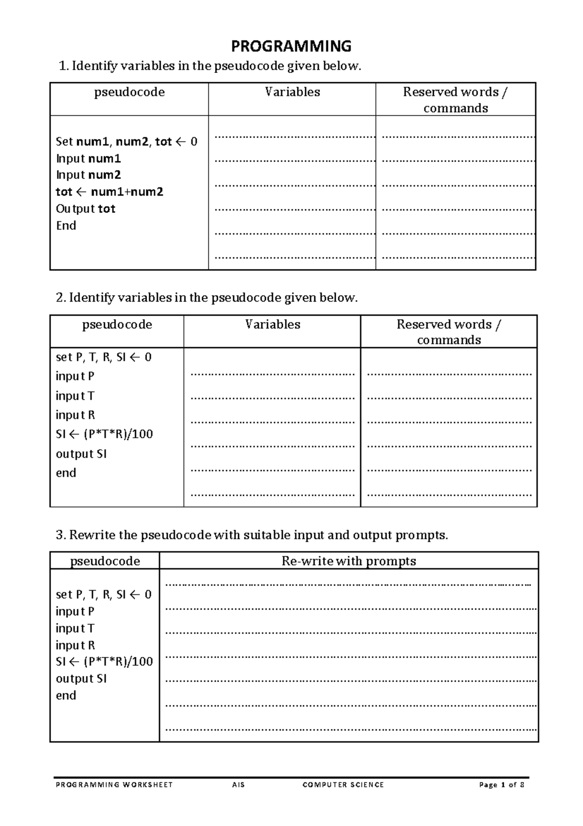Algorithms - worksheet - Identify variables in the pseudocode given ...