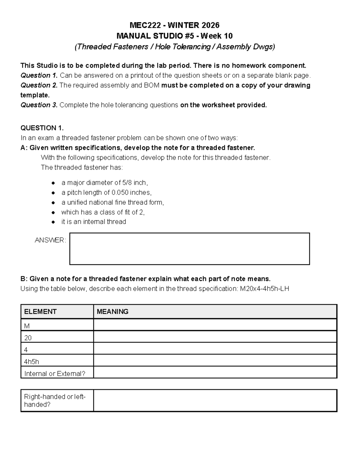WINTER 2026 MANUAL STUDIO Week 10: Threaded Fasteners & Tolerancing ...