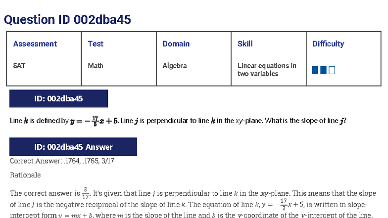 SAT Math Algebra Linear Equations in Two Variables - Medium Assessment ...